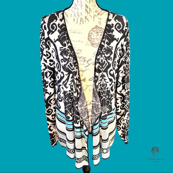 Sweaters | Bold Black White Turquoise Lightweight Open Waterfall ...